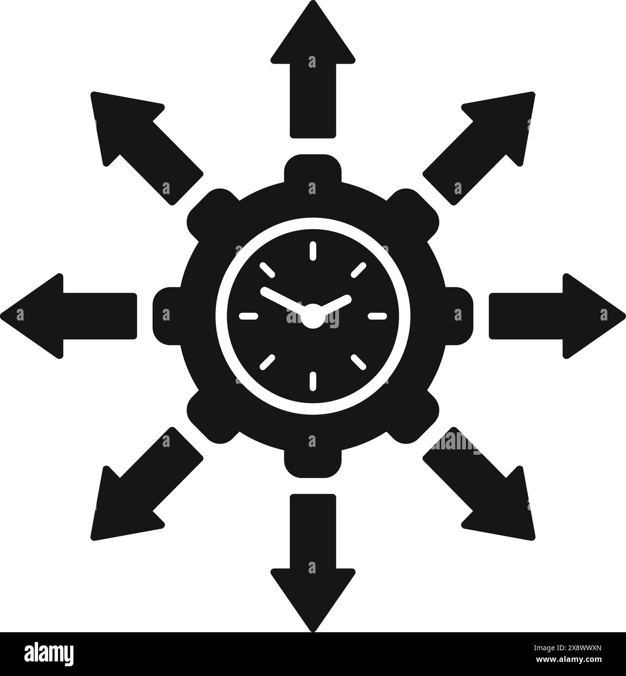 Black and white vector icon illustrating a clock surrounded by ...