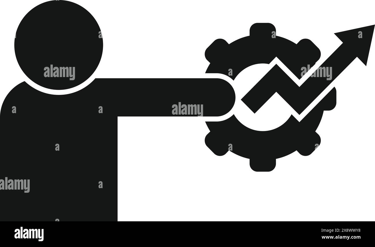 Graphic icon depicting a person with an arm extended towards a gear and ...