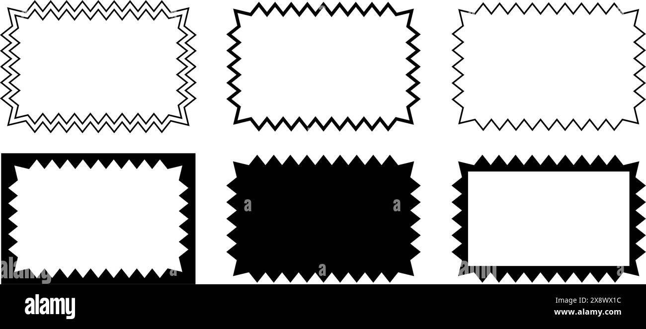 Set of rectangle frames and shapes with zigzag edges. Blank text boxes or banners, tags or ...