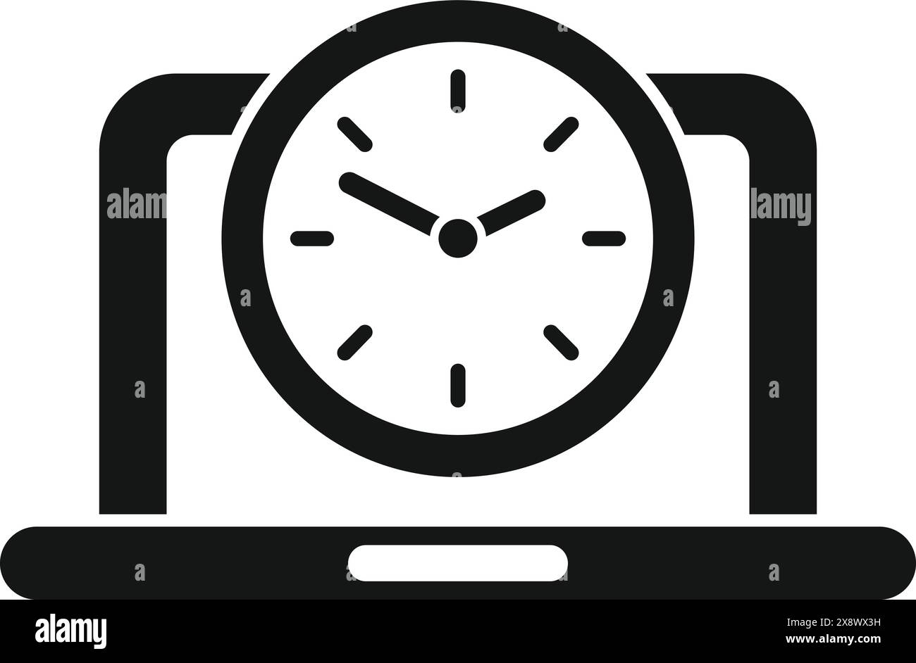 Black and white vector illustration of a laptop displaying a clock ...