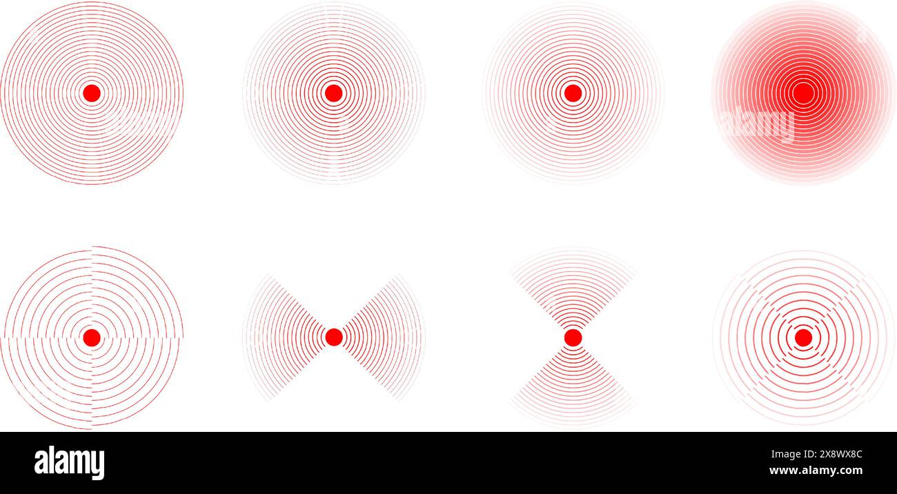 Pain localization icons. Set of red concentric circles. Ache or ...