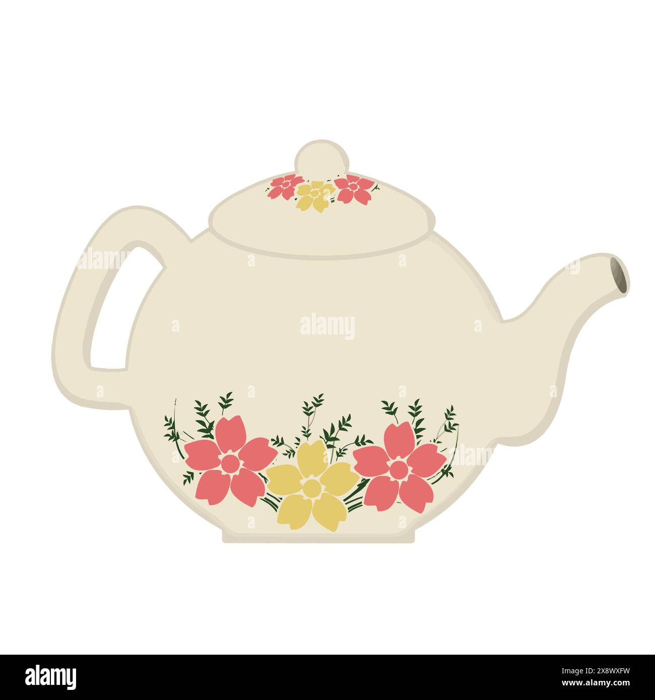 Vintage tea kettle. Rustic teapot with flowers on a white background ...