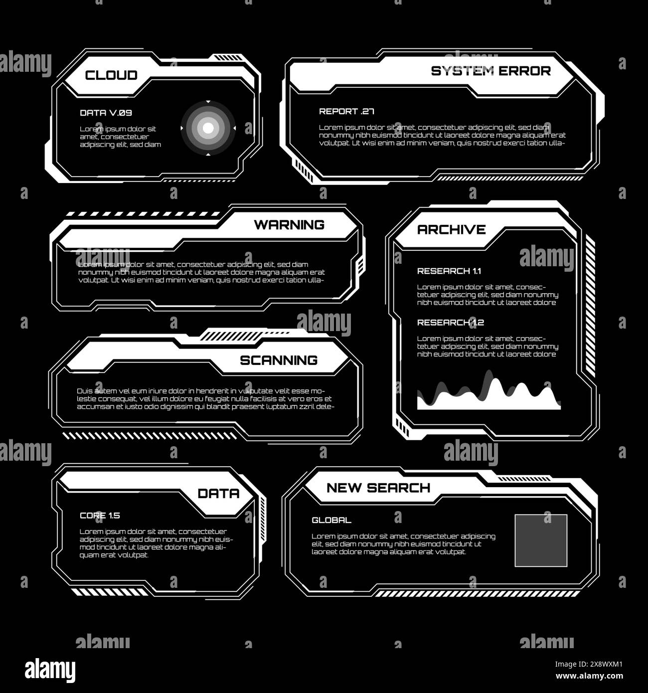White futuristic HUD, UI elements. Sci-fi user interface text boxes, callouts. Warning message ...