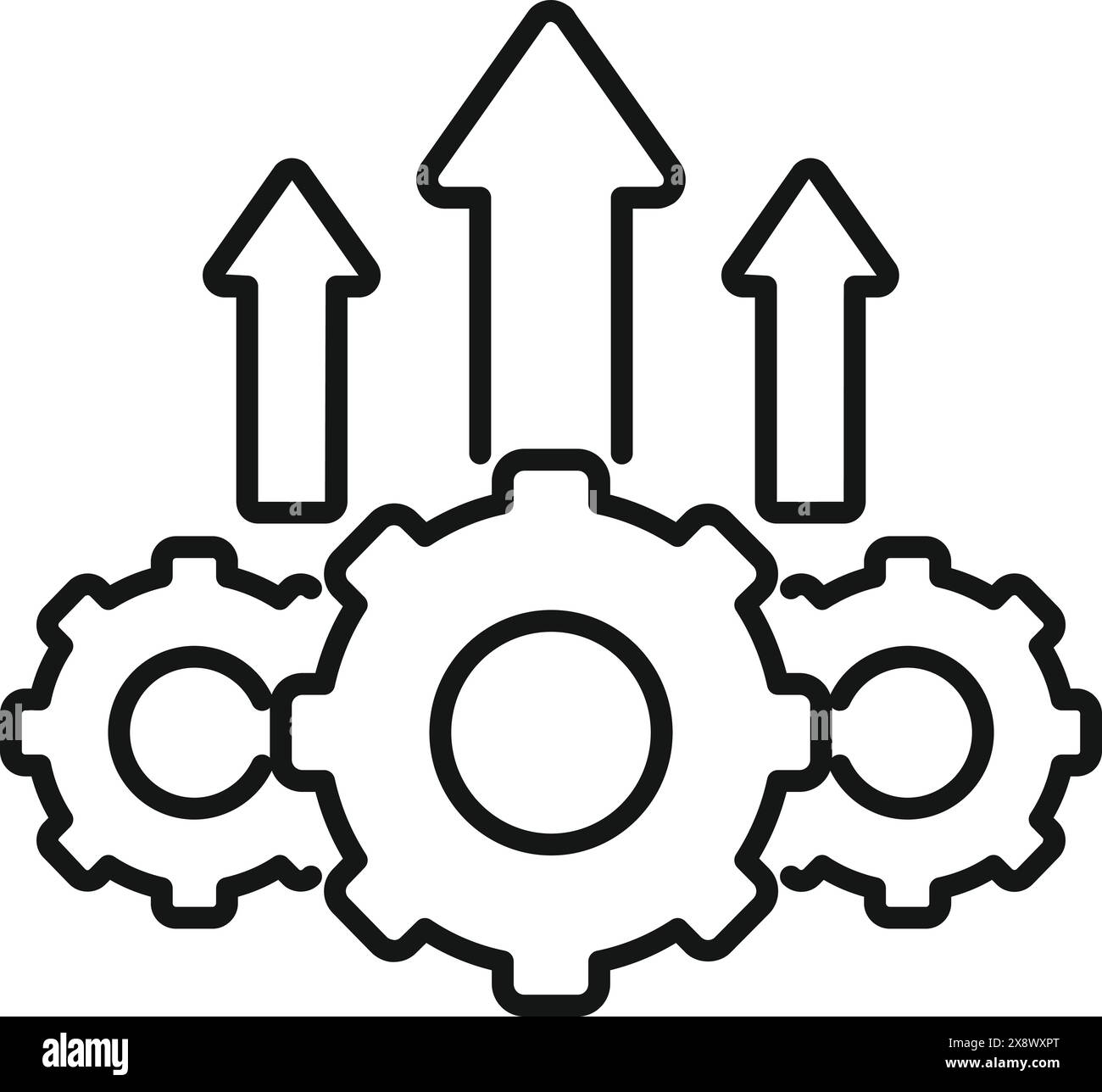 A stylized graphic depicting three gears in motion with upward arrows ...