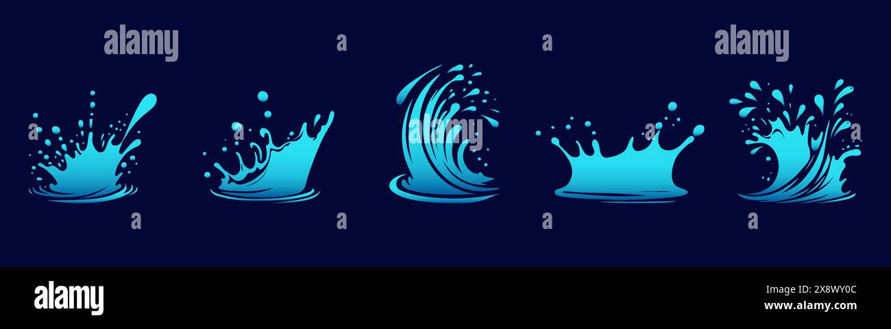 Set of water wave splashes, falling aqua drops, sea or ocean waves ...
