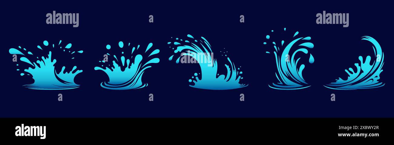 Set of water wave splashes, falling aqua drops, sea or ocean waves ...