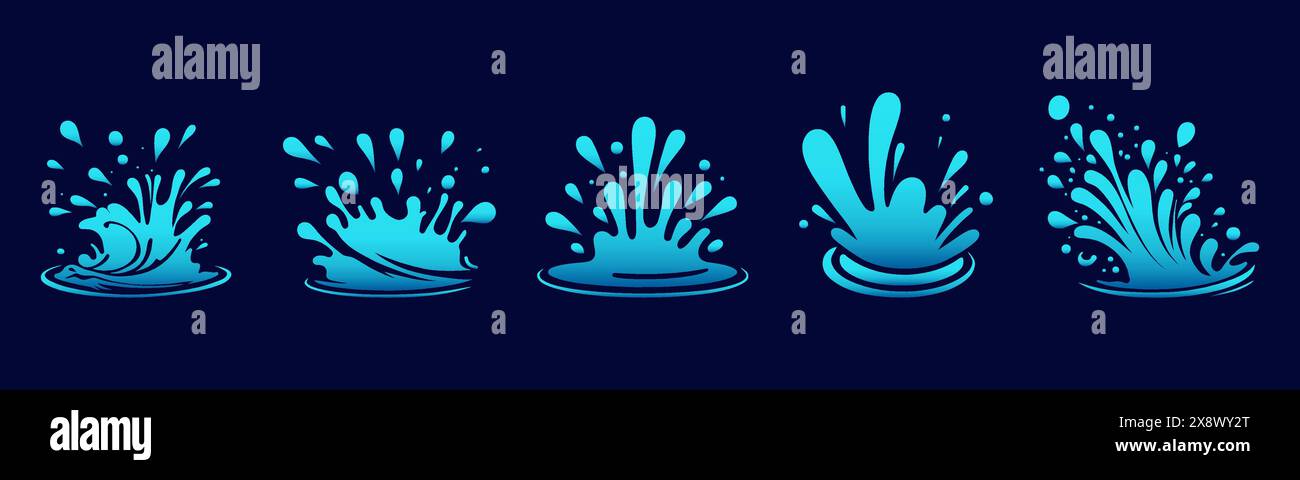 Set of water wave splashes, falling aqua drops, sea or ocean waves ...