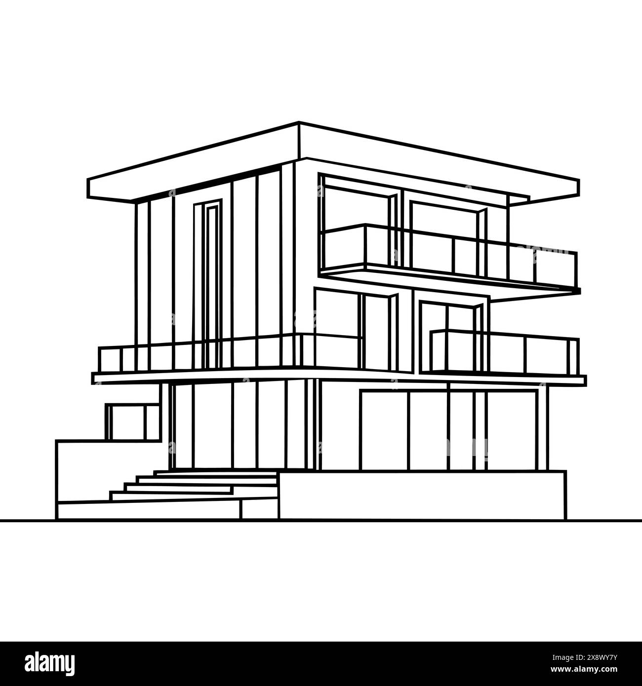 Modern house or commercial building in continuous line art drawing ...