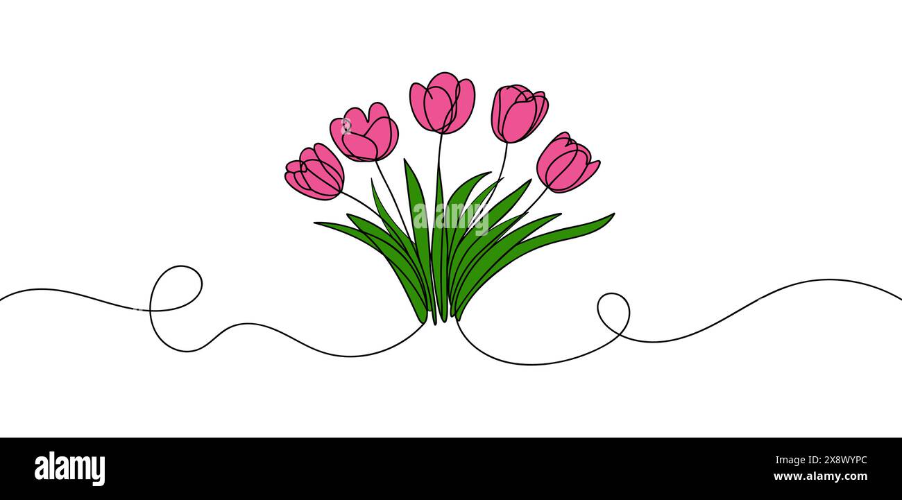 Continuous one line drawing tulips. Spring flowers concept. Single line ...