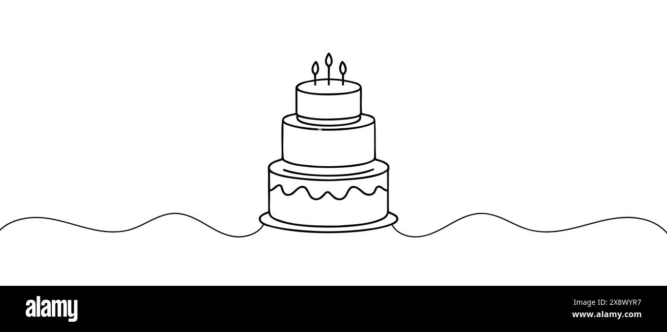 Continuous line drawing of birthday cake. Cake with sweet cream and a ...