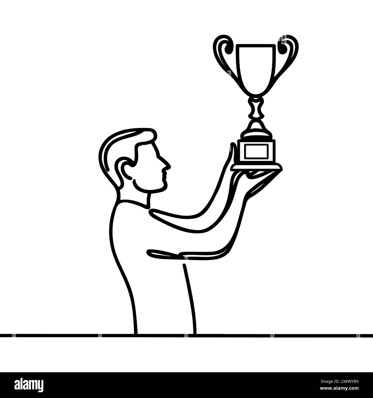 Single one line drawing athlete holding golden trophy with hands ...