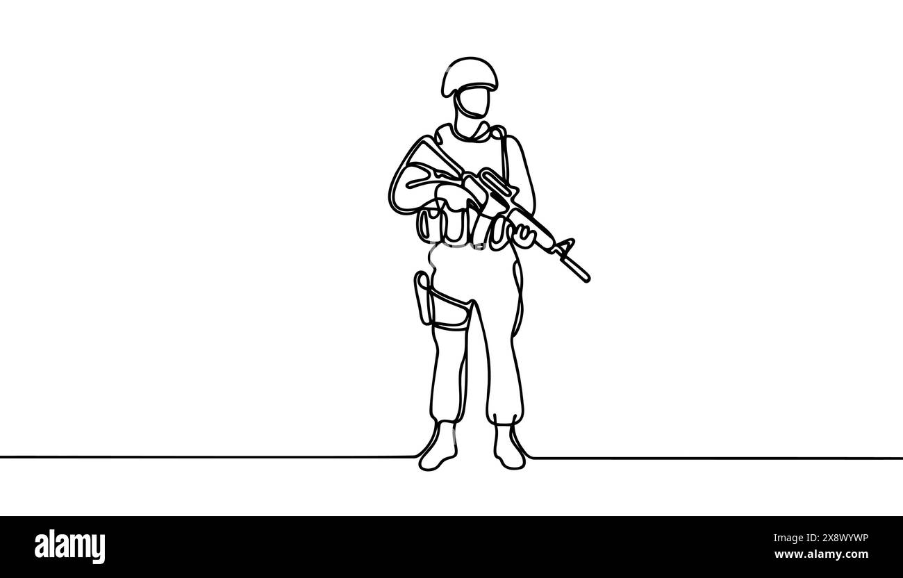 Single continuous line drawing of young male soldier pose standing and ...