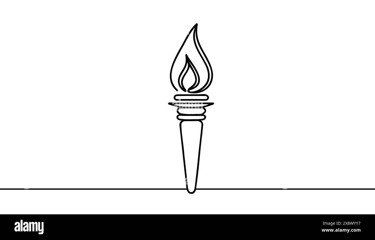 Single continuous line art torch flame fire silhouette. Sport ceremony ...