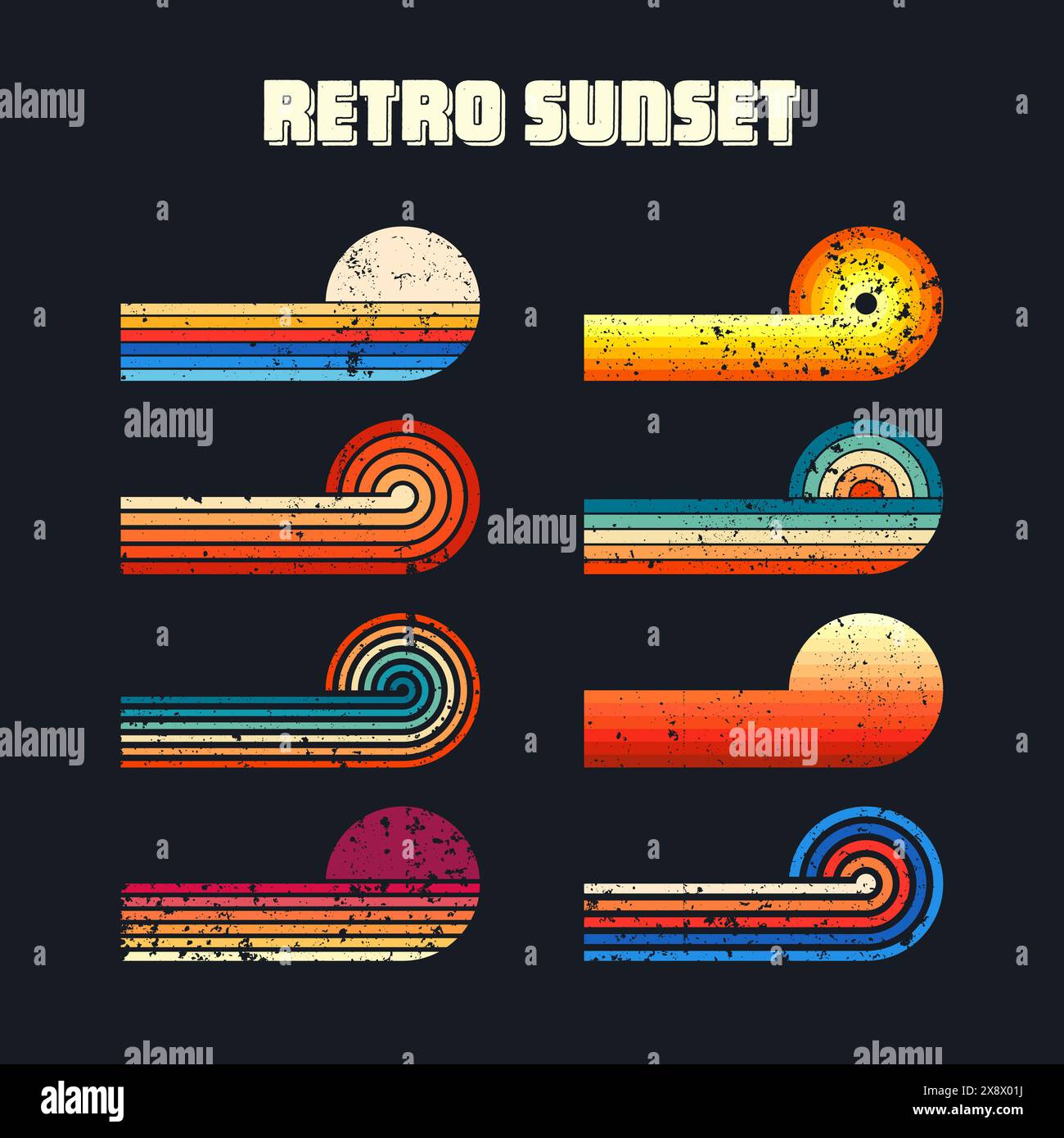 Grunge horizontal vintage sunsets. Various colorful striped sunrise ...