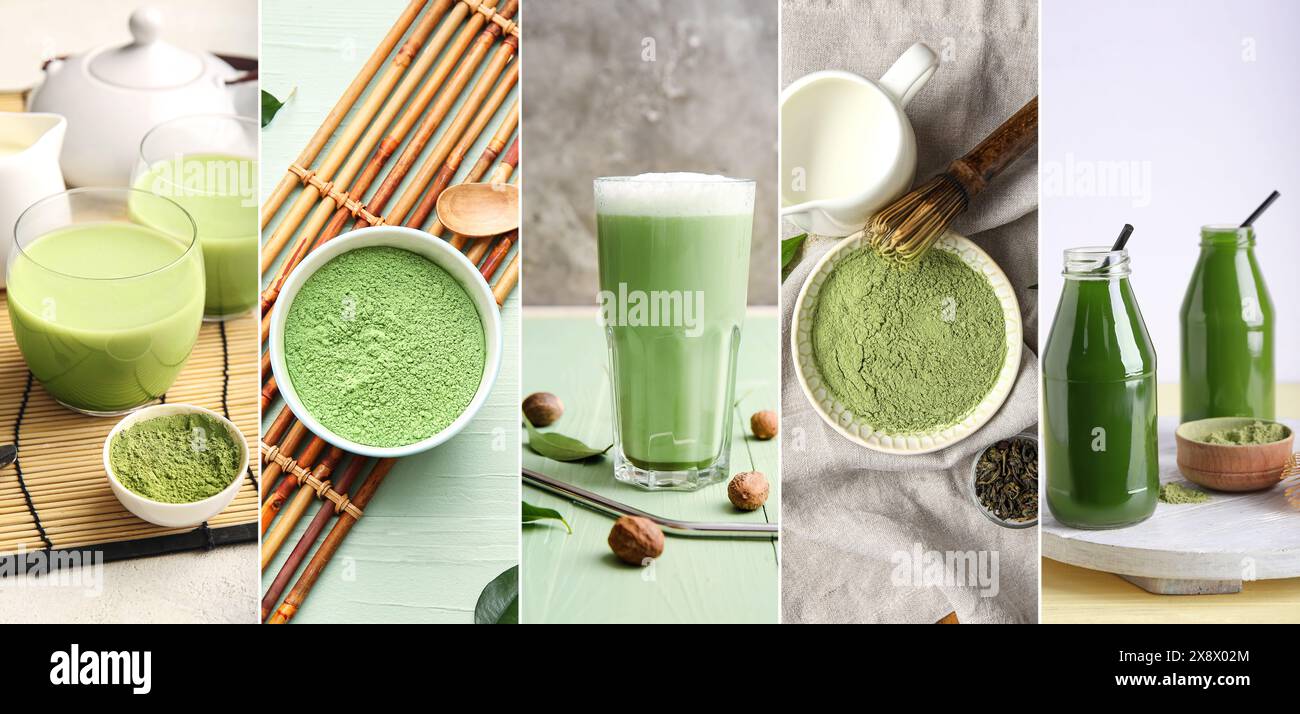 Collage of matcha beverages wsth powder on table Stock Photo - Alamy