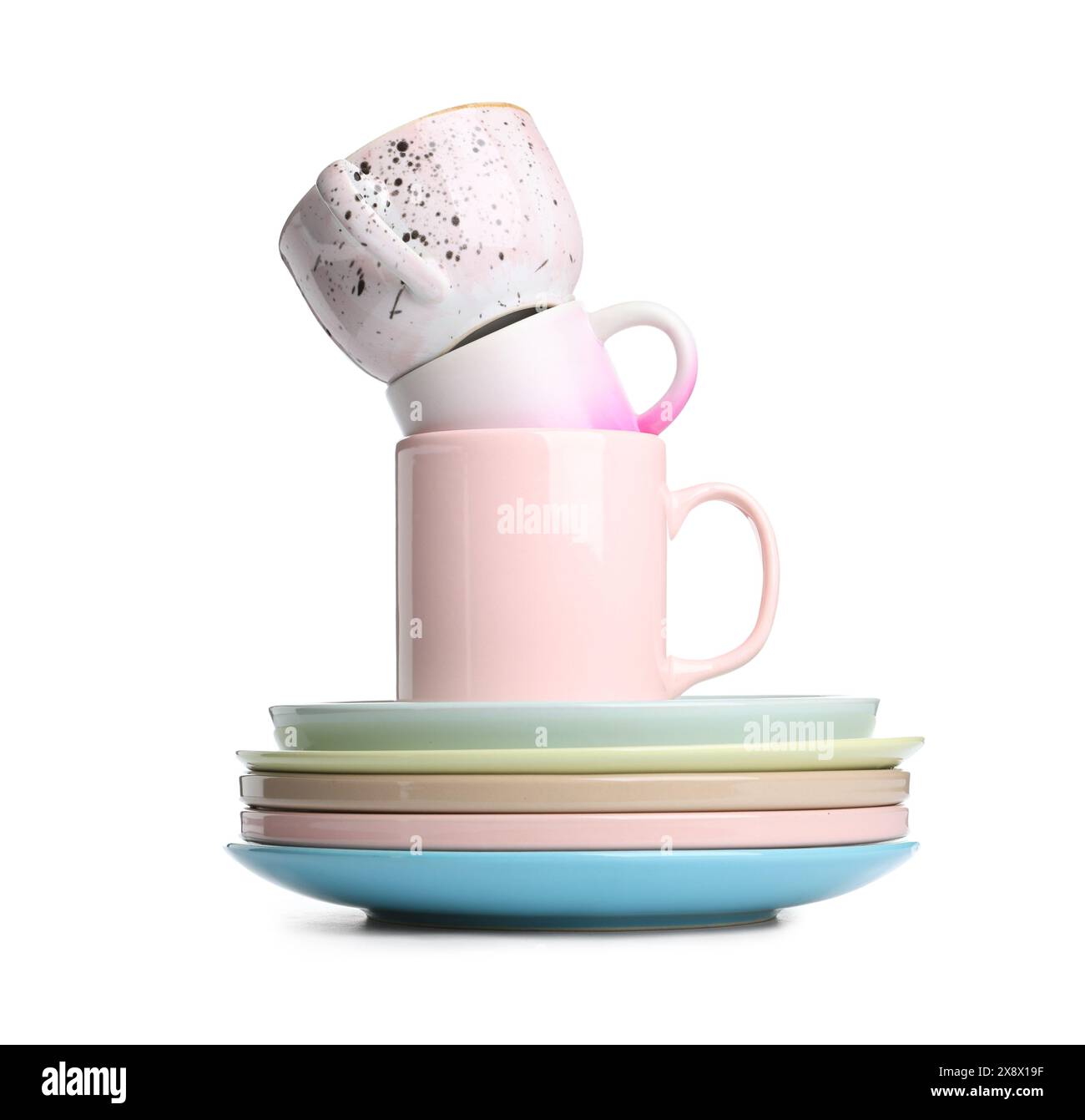 Set of clean cups and plates isolated on white background Stock Photo ...