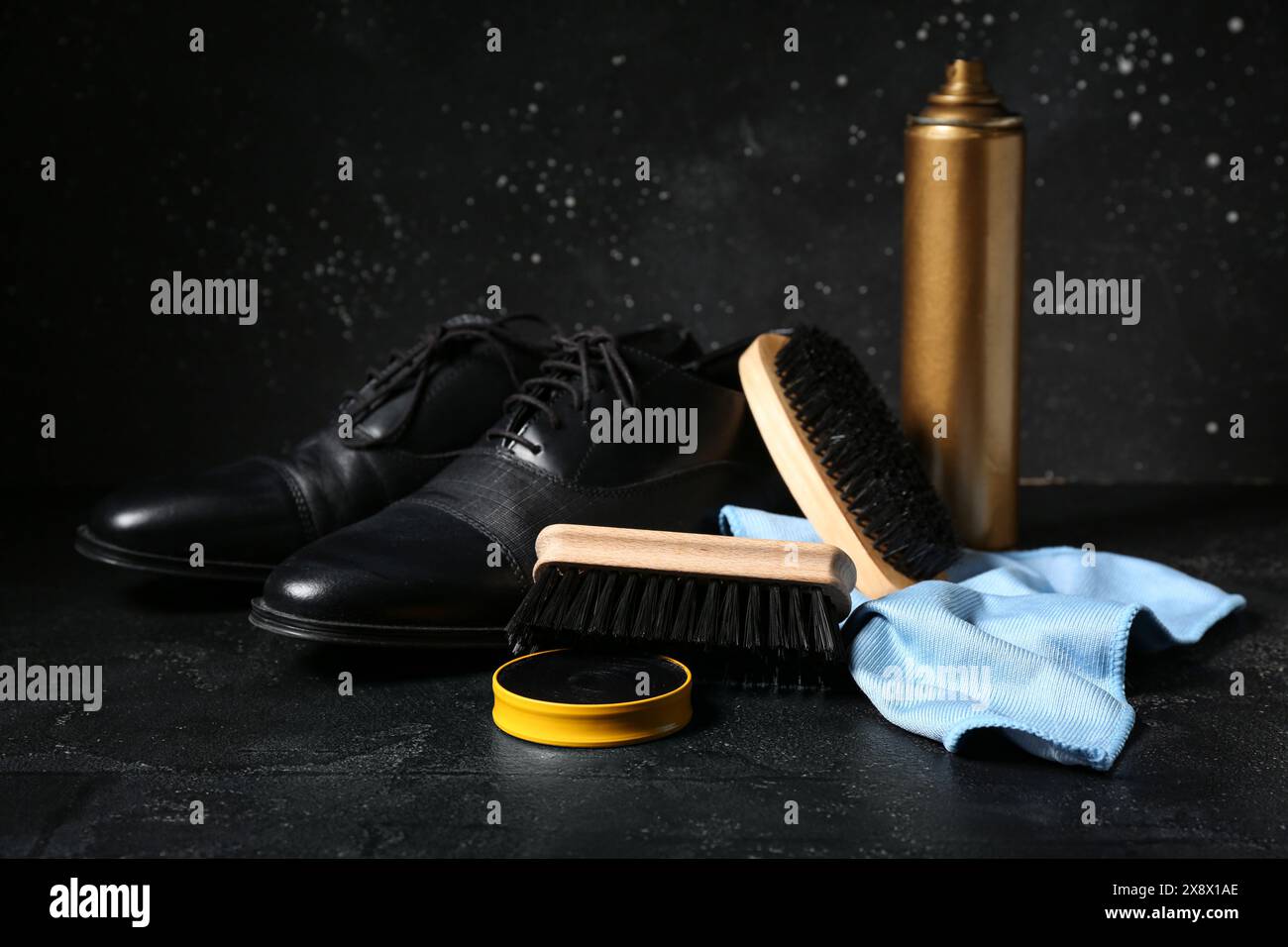 Brushes, shoes, cloth and shoe polish on black background Stock Photo ...