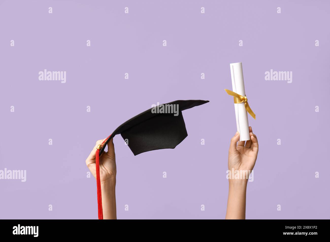 Female hands with graduation hat and diploma on lilac background Stock ...