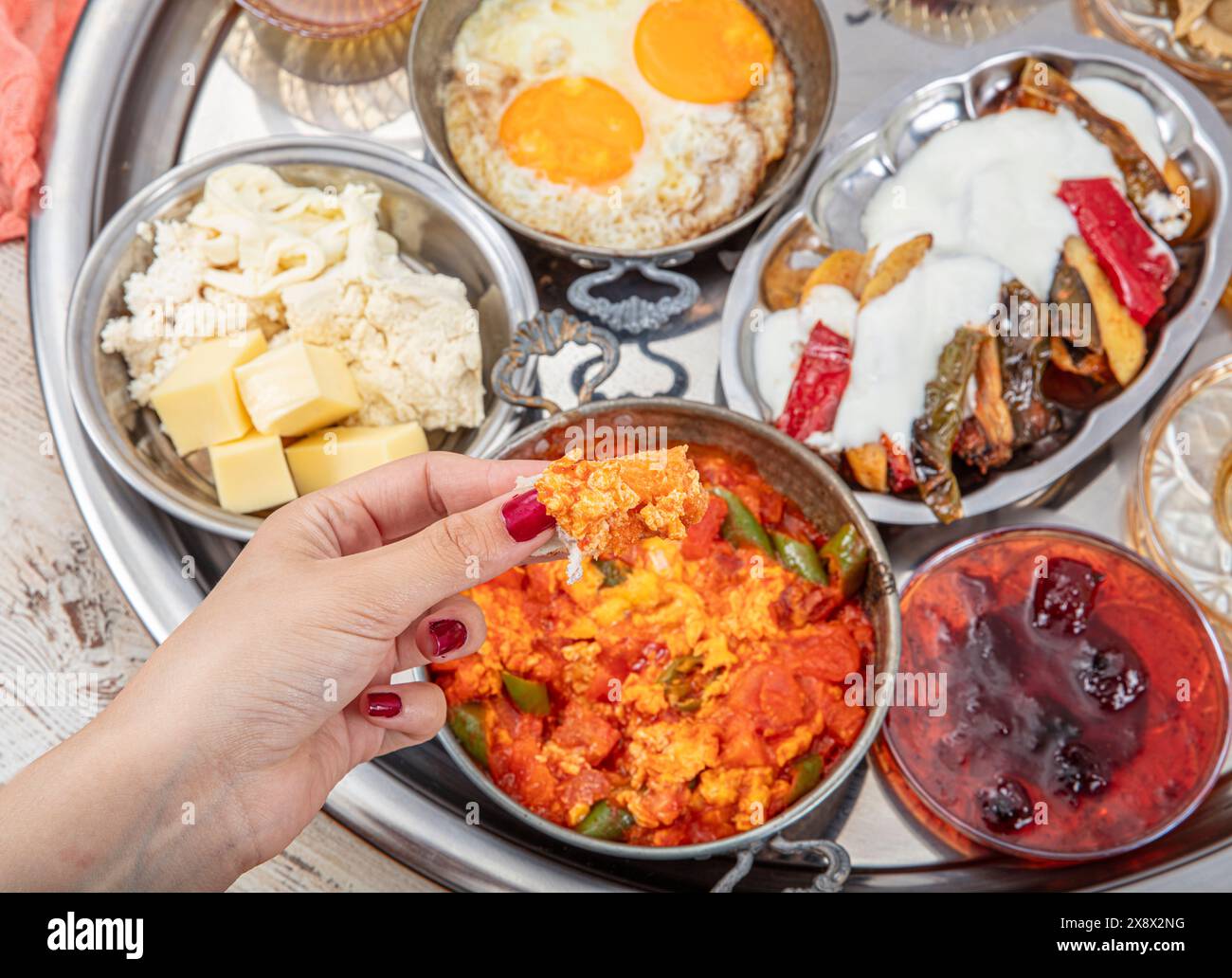 Traditional Turkish Breakfast served with traditional turkish tea on ...