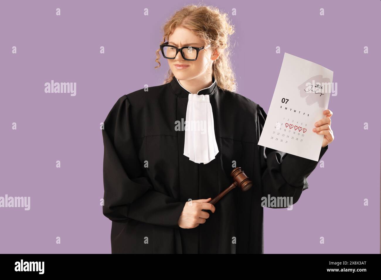 Female judge with gavel and menstrual calendar on violet background ...