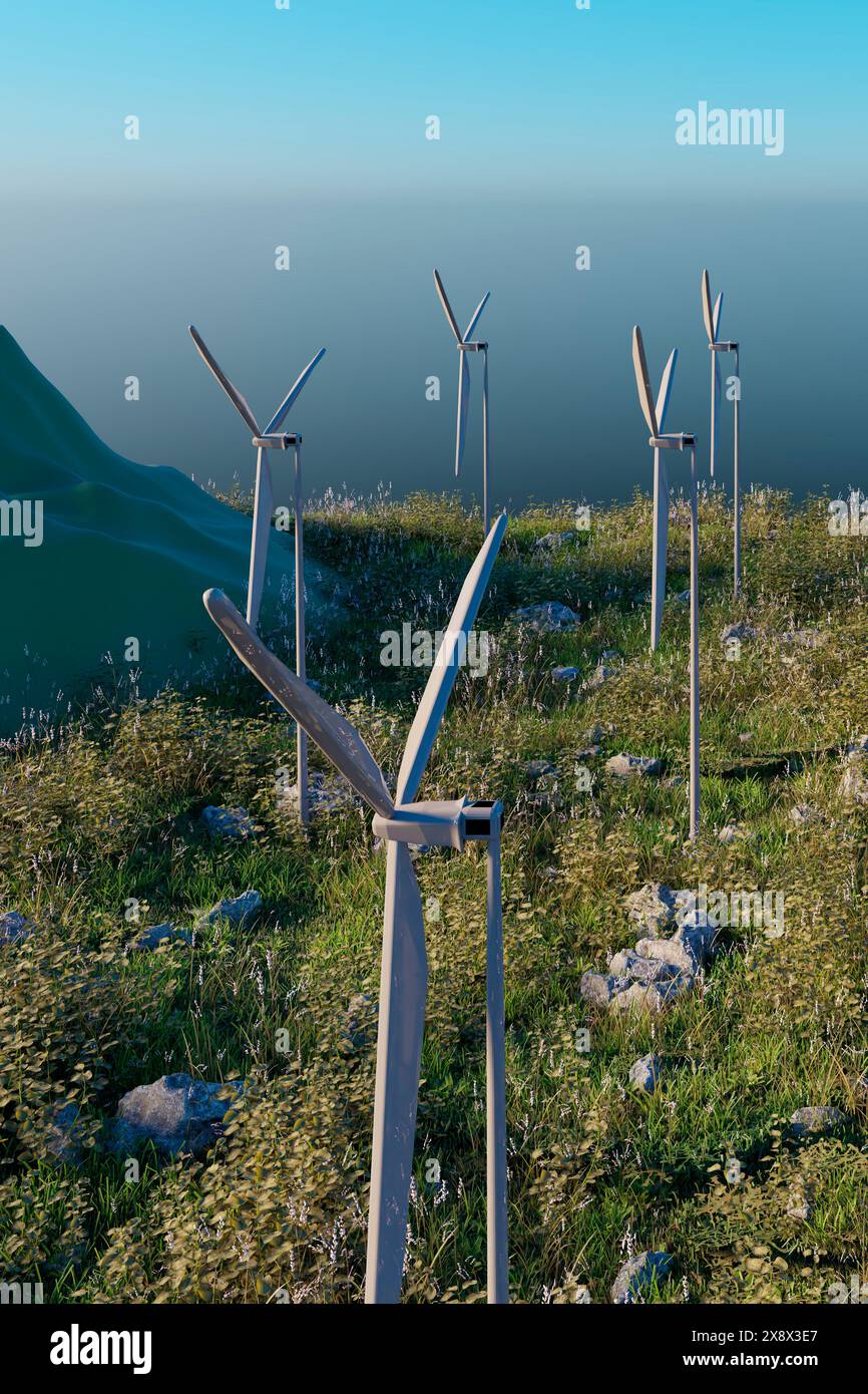 Wind farm with wind turbines at sunset, three-dimensional rendering ...
