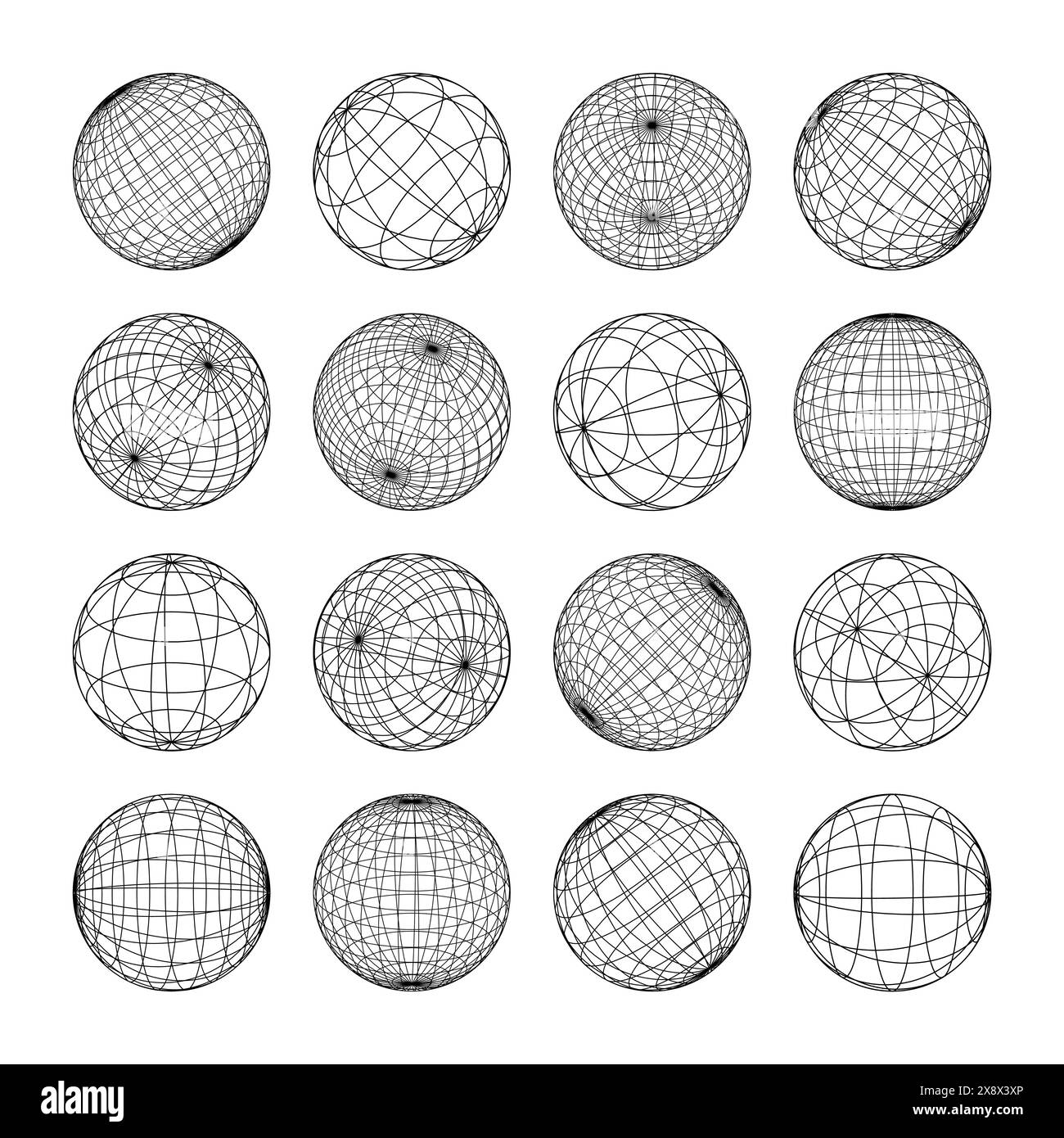 Wireframe shapes, lined sphere. Perspective mesh, 3d grid. Low poly ...