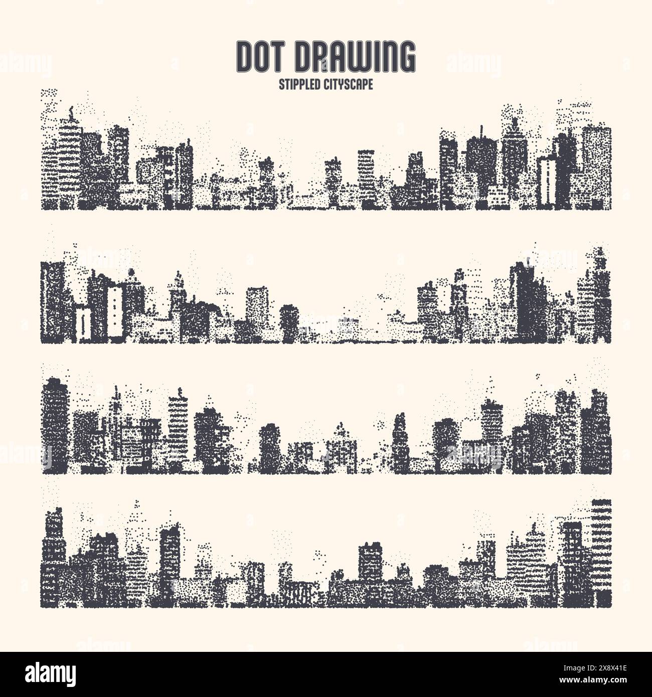 Stippled city silhouettes. Cityscape, town skyline. Midtown, downtown ...