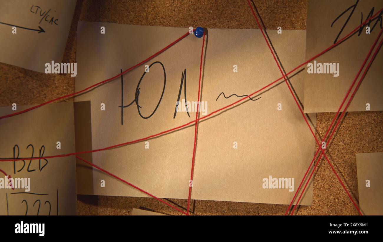 Notes with red thread. Stock footage. Close-up of mysterious notes ...