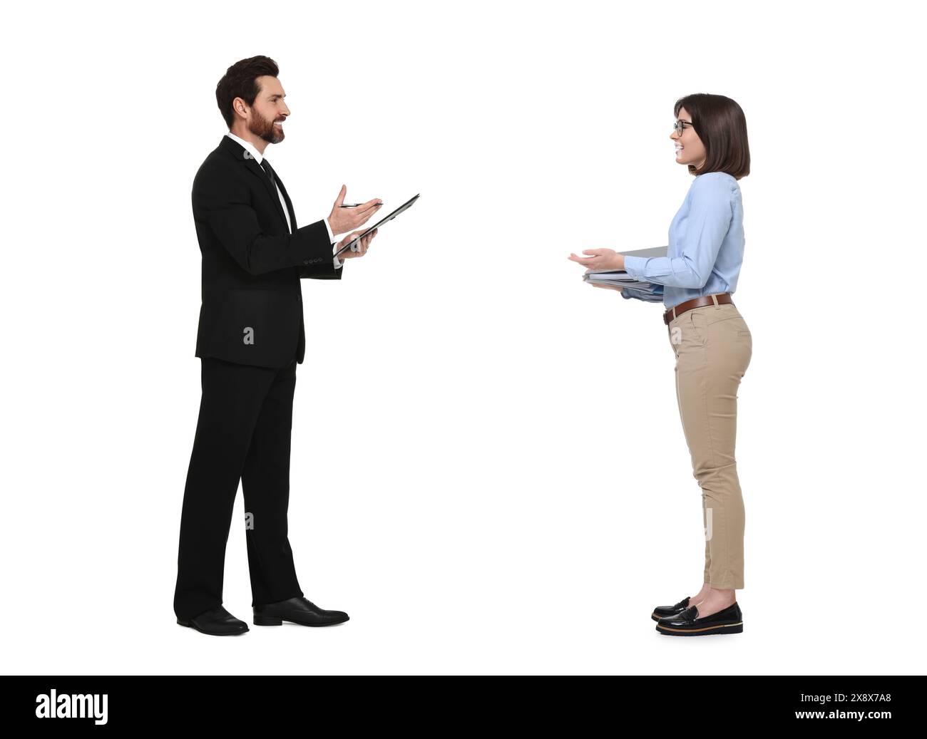 Two business people talking on white background. Dialogue Stock Photo ...
