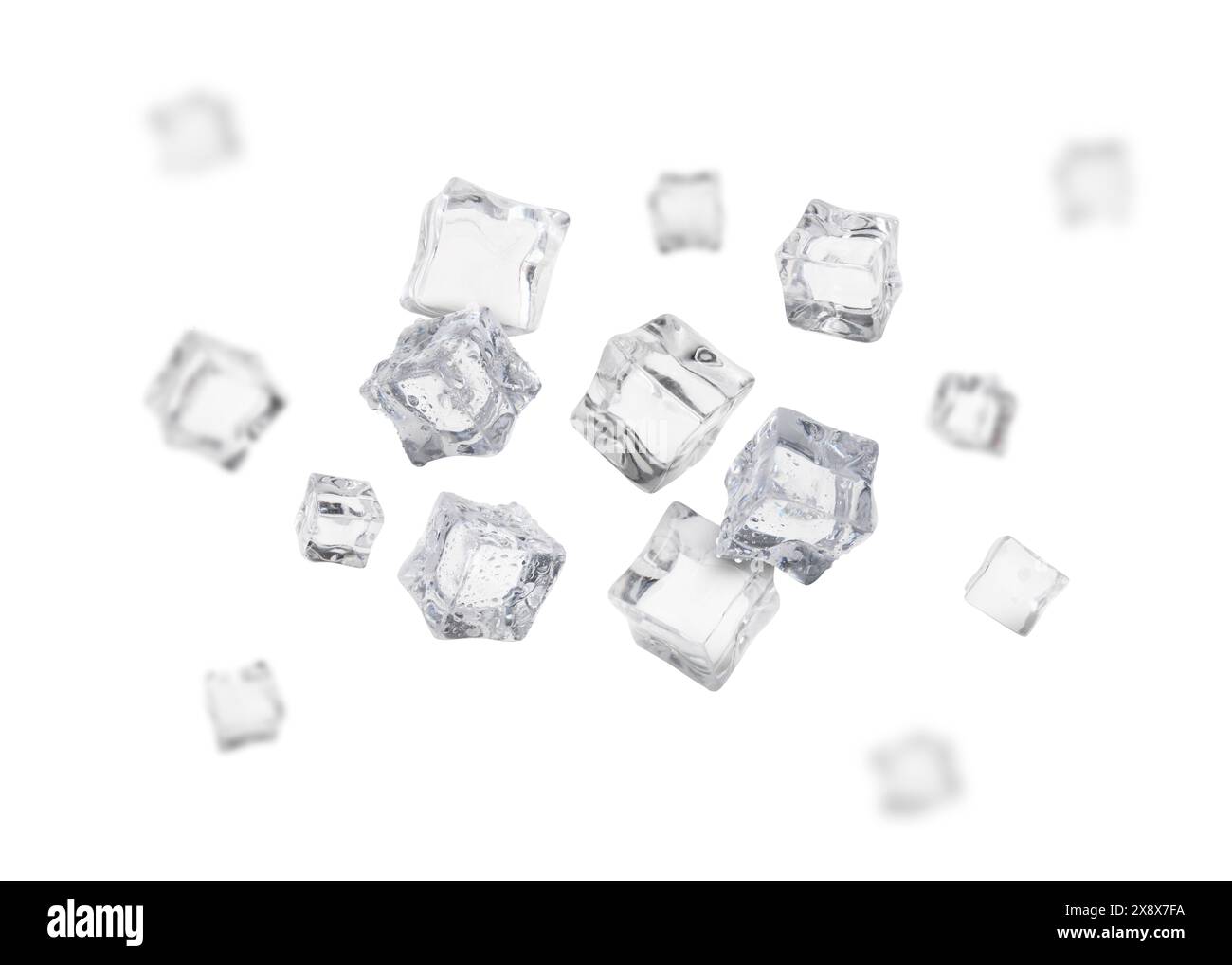 Many ice cubes in air on white background Stock Photo - Alamy