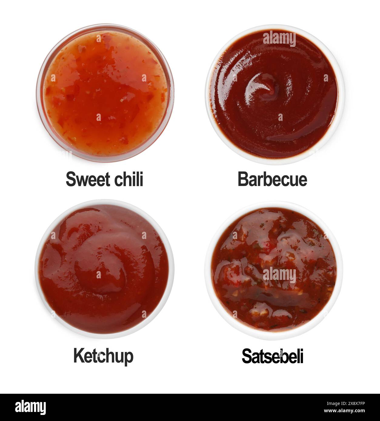 Set of different sauces in bowls and names isolated on white, top view ...