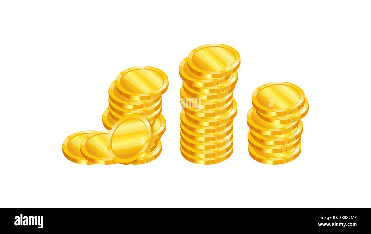 Gold coins in 3d style realistic vector illustration. Coins stacked in columns. Banner design ...