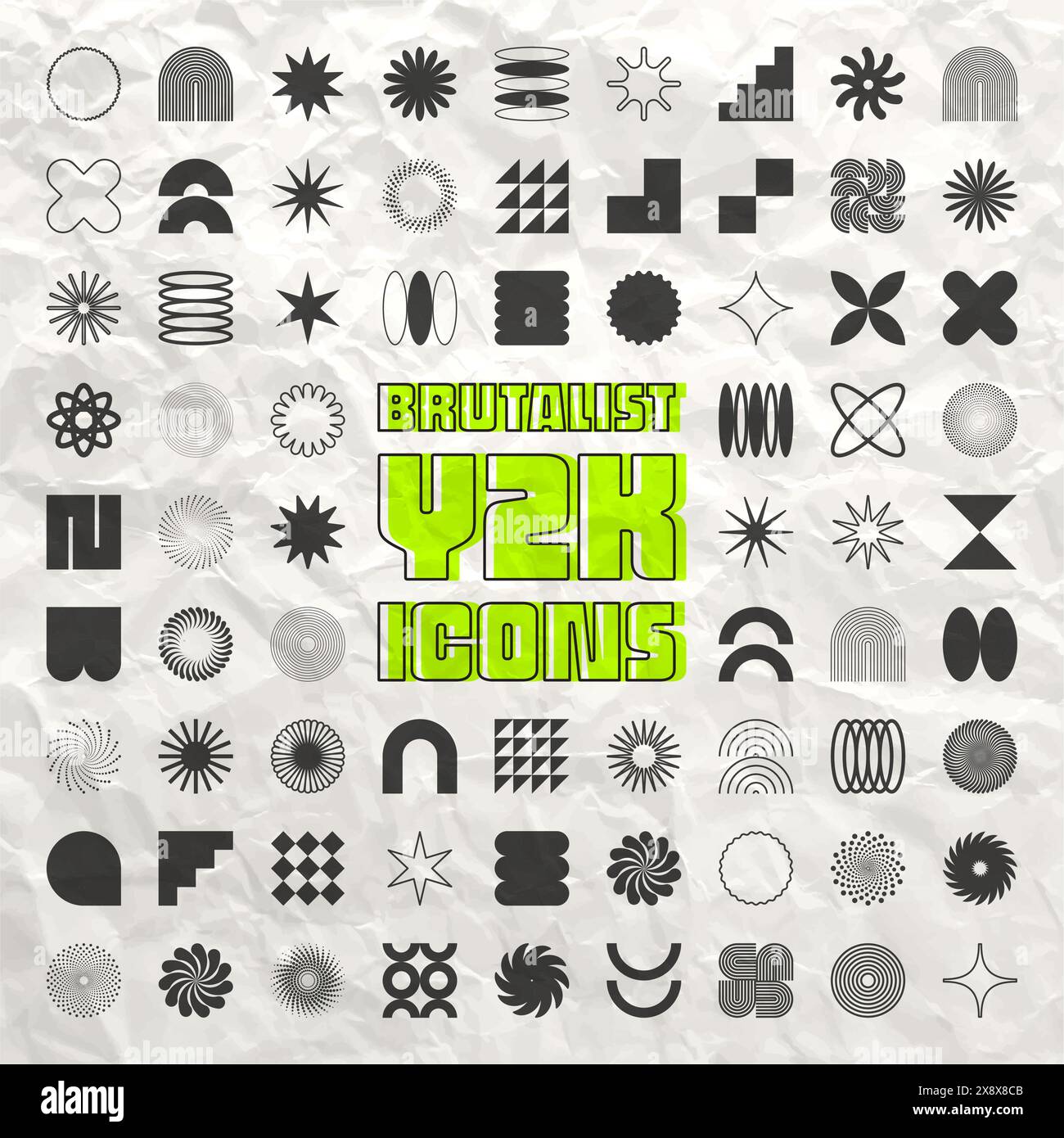 Brutalist geometric shapes, symbols. Simple primitive elements and forms, crumpled paper texture ...