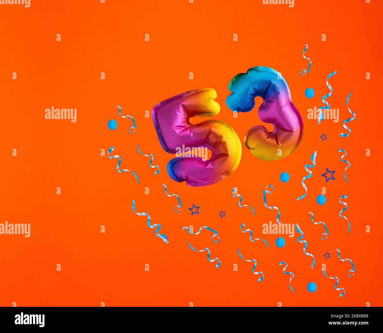 Confetti explosion with number 53 balloon - Celebration on orange ...