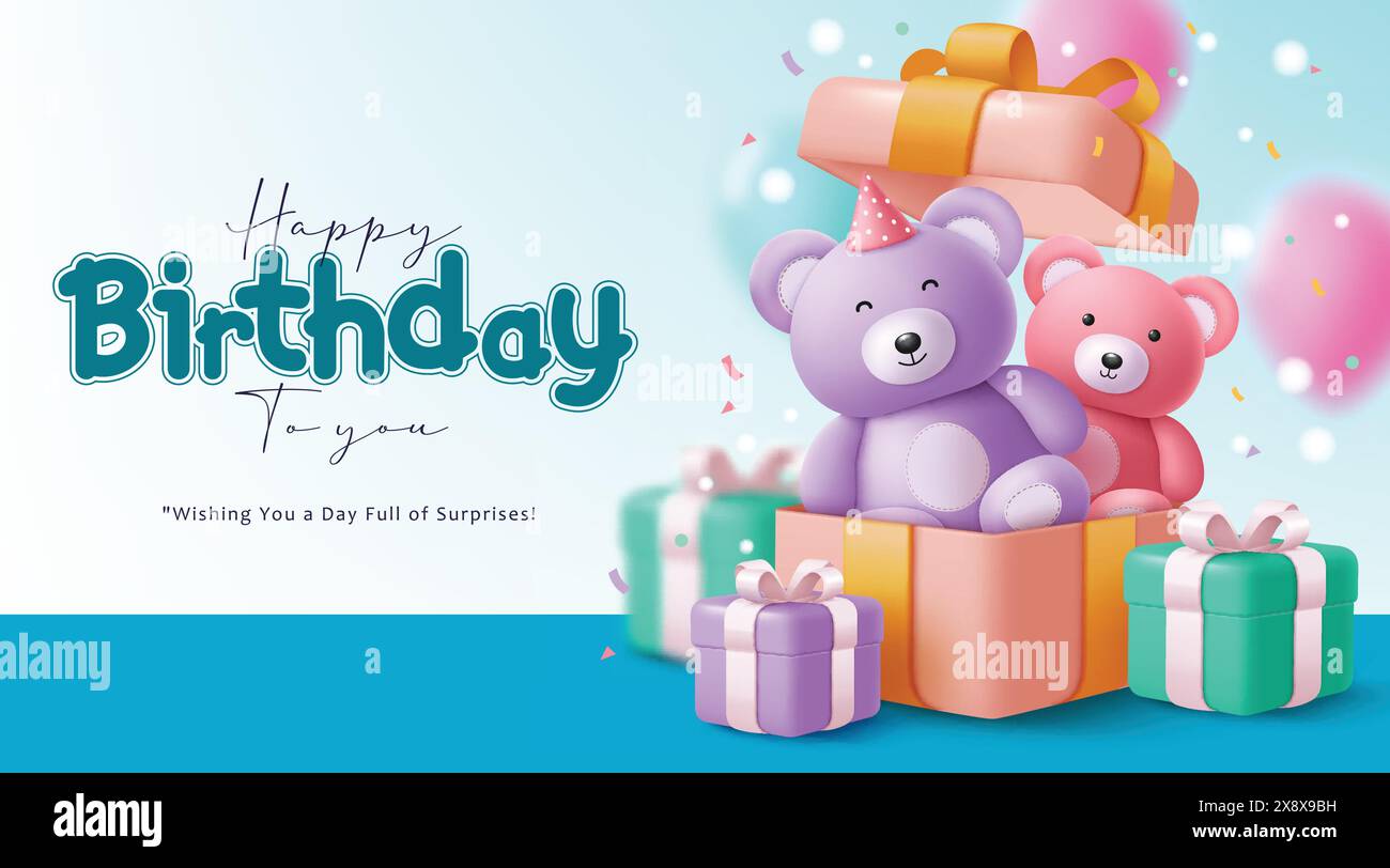 Happy birthday greeting vector design. Birthday greeting text with cute teddy bear elements in ...