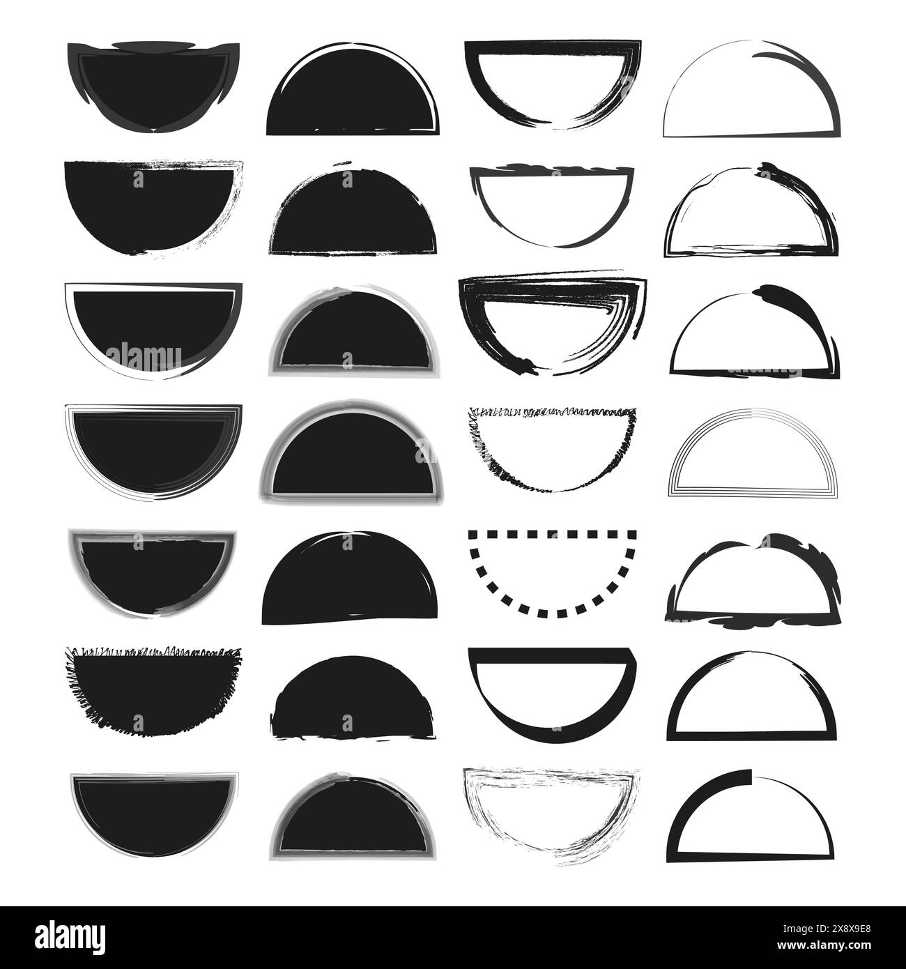 Assorted semicircle designs. Varied brush styles. Black and white ...