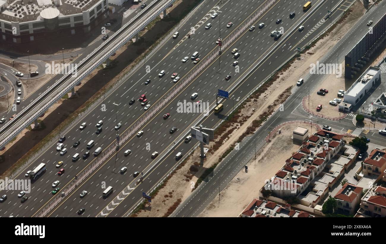 Aerial view of busy highway with traffic in the rush hour. Action ...