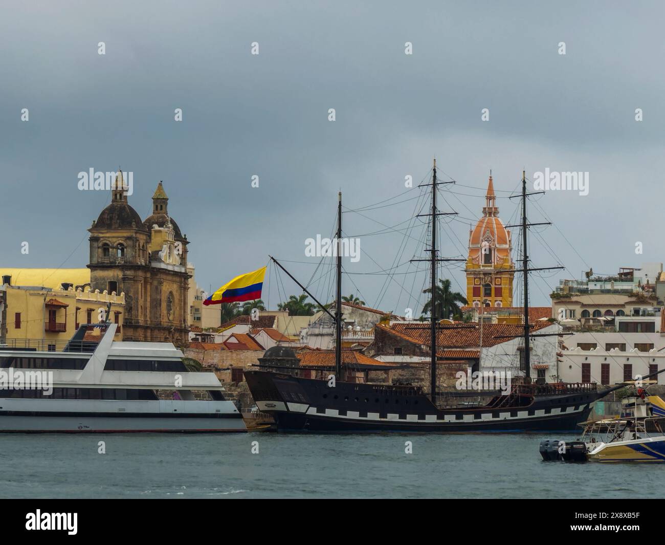 A triple masted schooner in the harbor of Cartagena, a UNESCO world ...