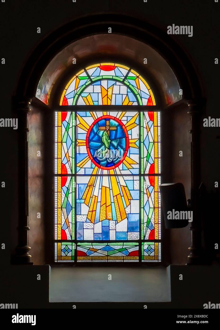 Stained glass window in the Catholic church Nuestra Senora de Carmen in ...