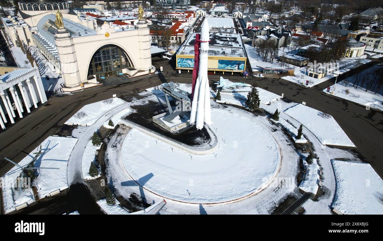 Top view of rocket monument in winter. Creative. Rocket monument on ...