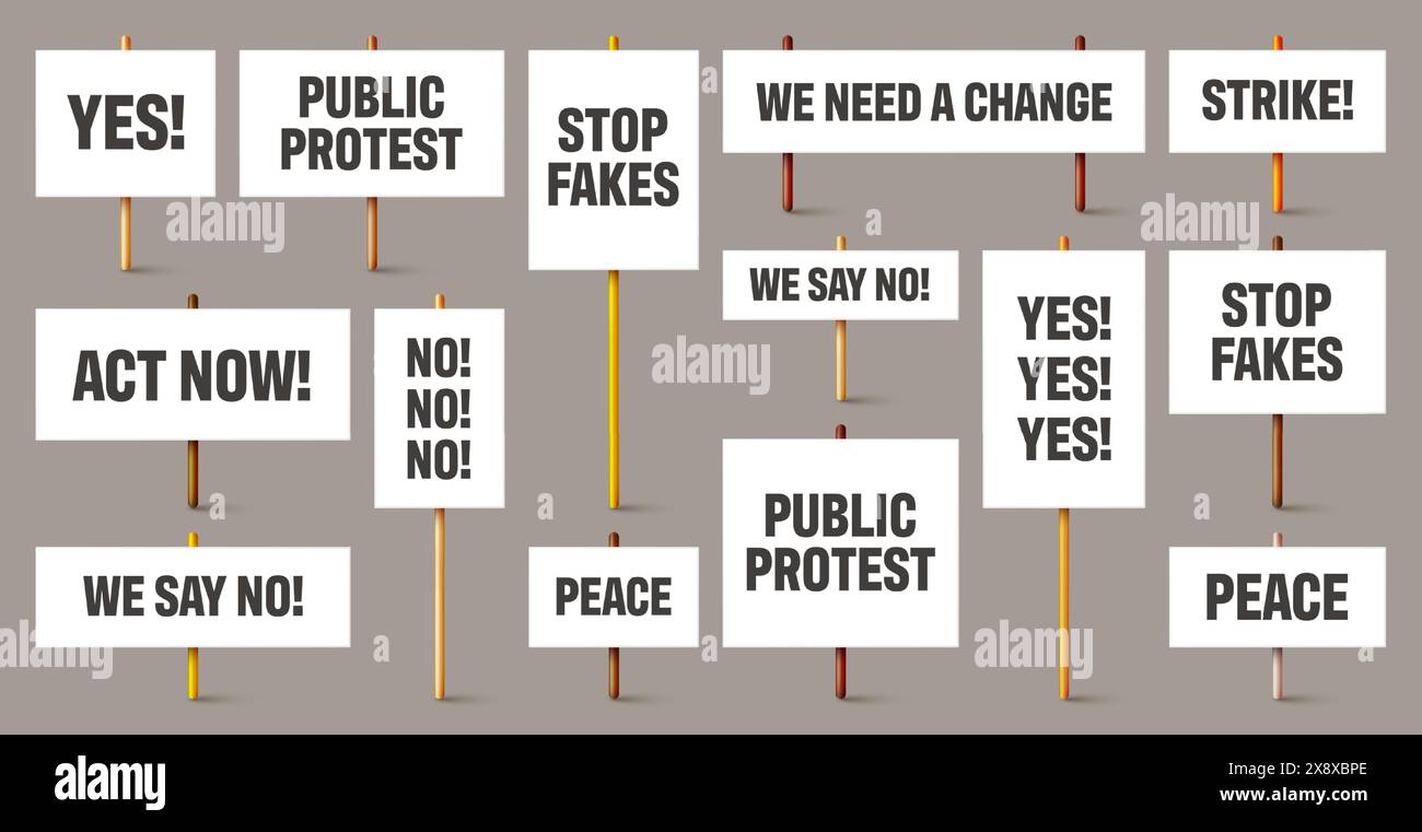 Blank white protest signs with text slogans on wooden holder. Various ...
