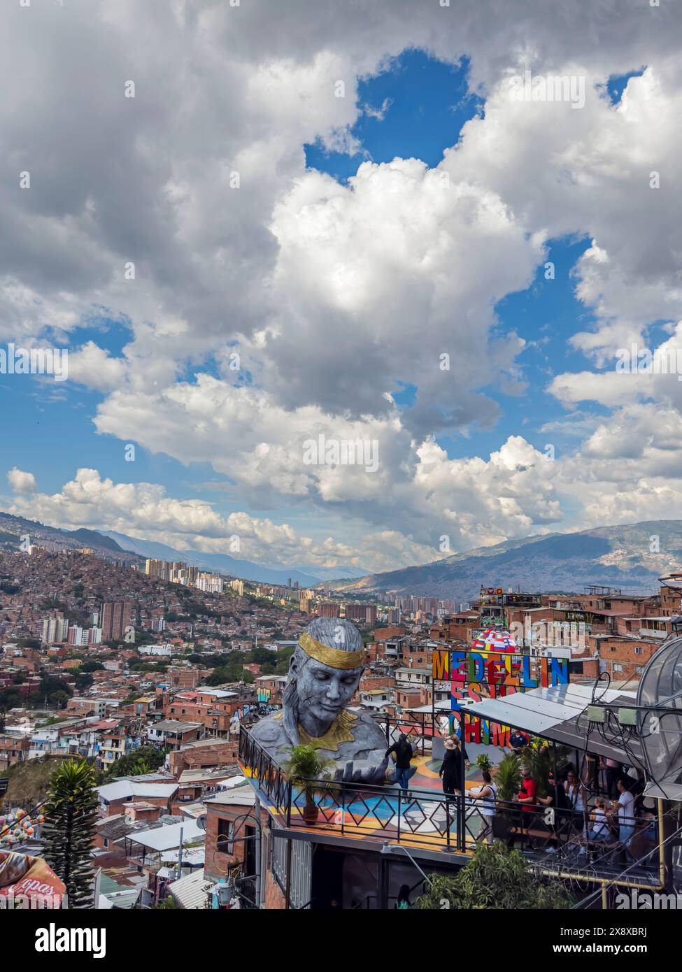 A giant statue of Pachamama graces Comuna 13, a barrio in Medellin that ...