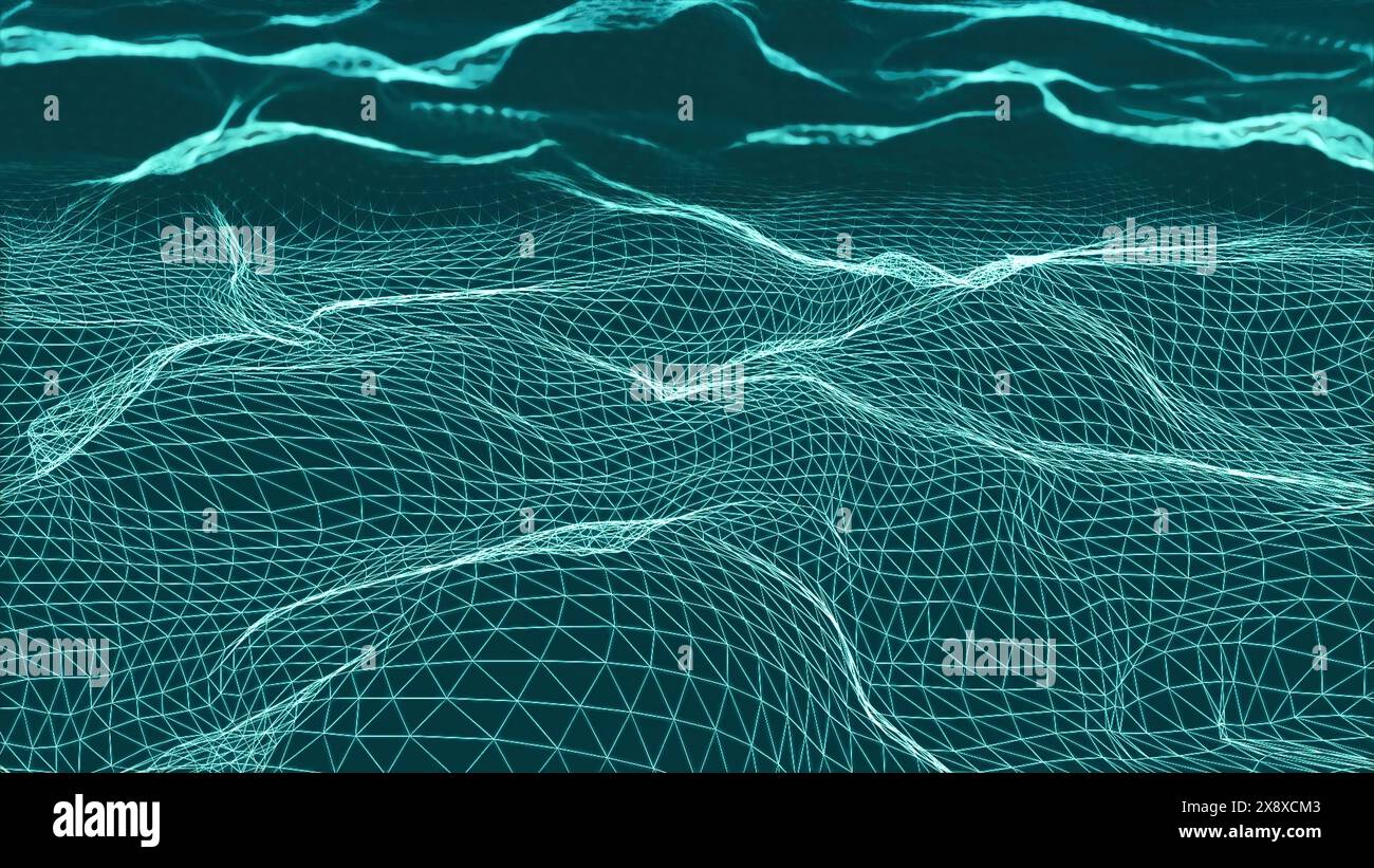 Cyberspace with hills and grid. Animation. 3D space with cyber relief ...