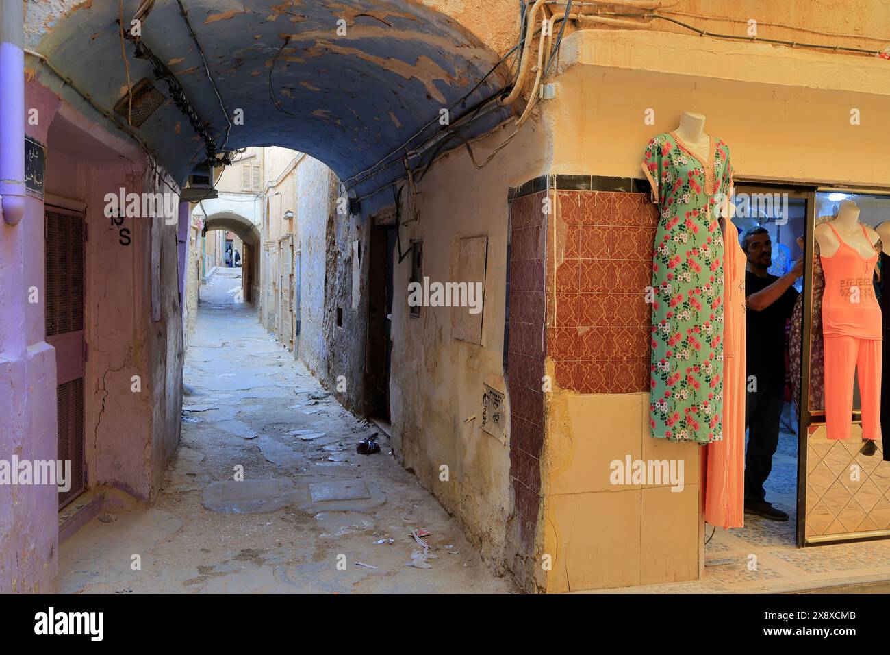 A female clothing store in Ghardaia market with traditional arched ...