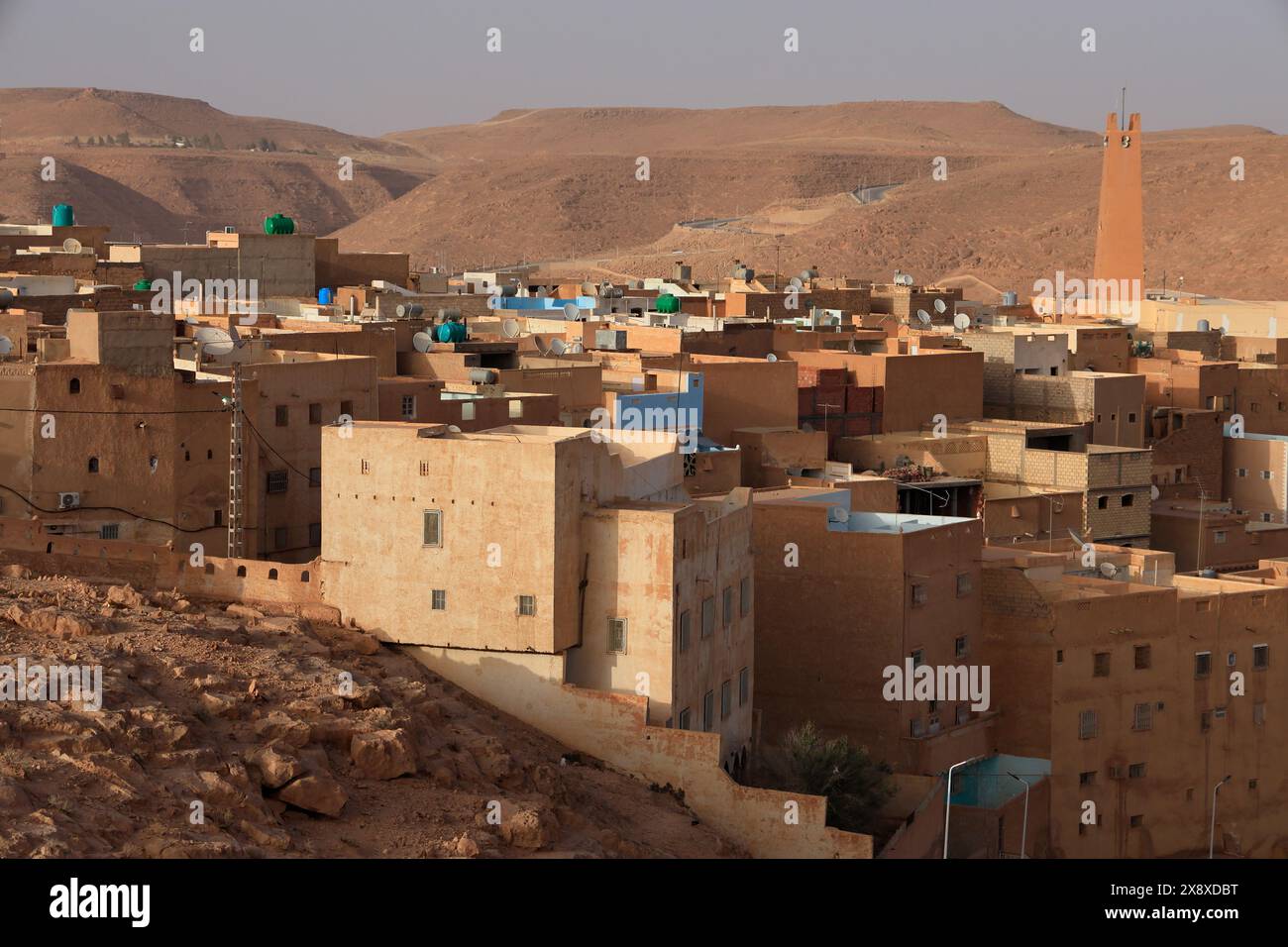 Historic Mozabite fortified settlement Ksar El Atteuf with the minaret ...
