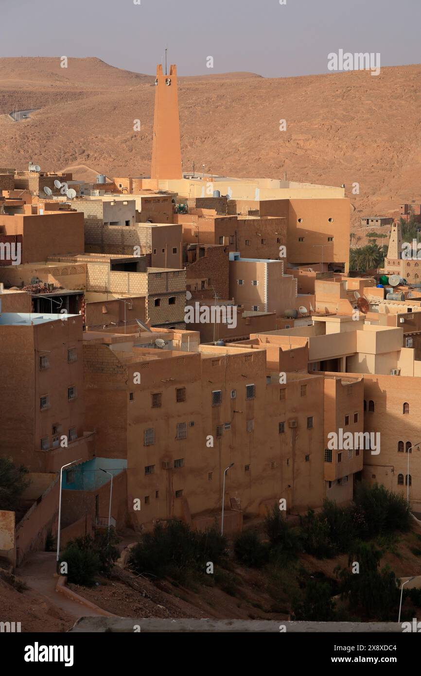 Historic Mozabite fortified settlement Ksar El Atteuf with the minaret ...