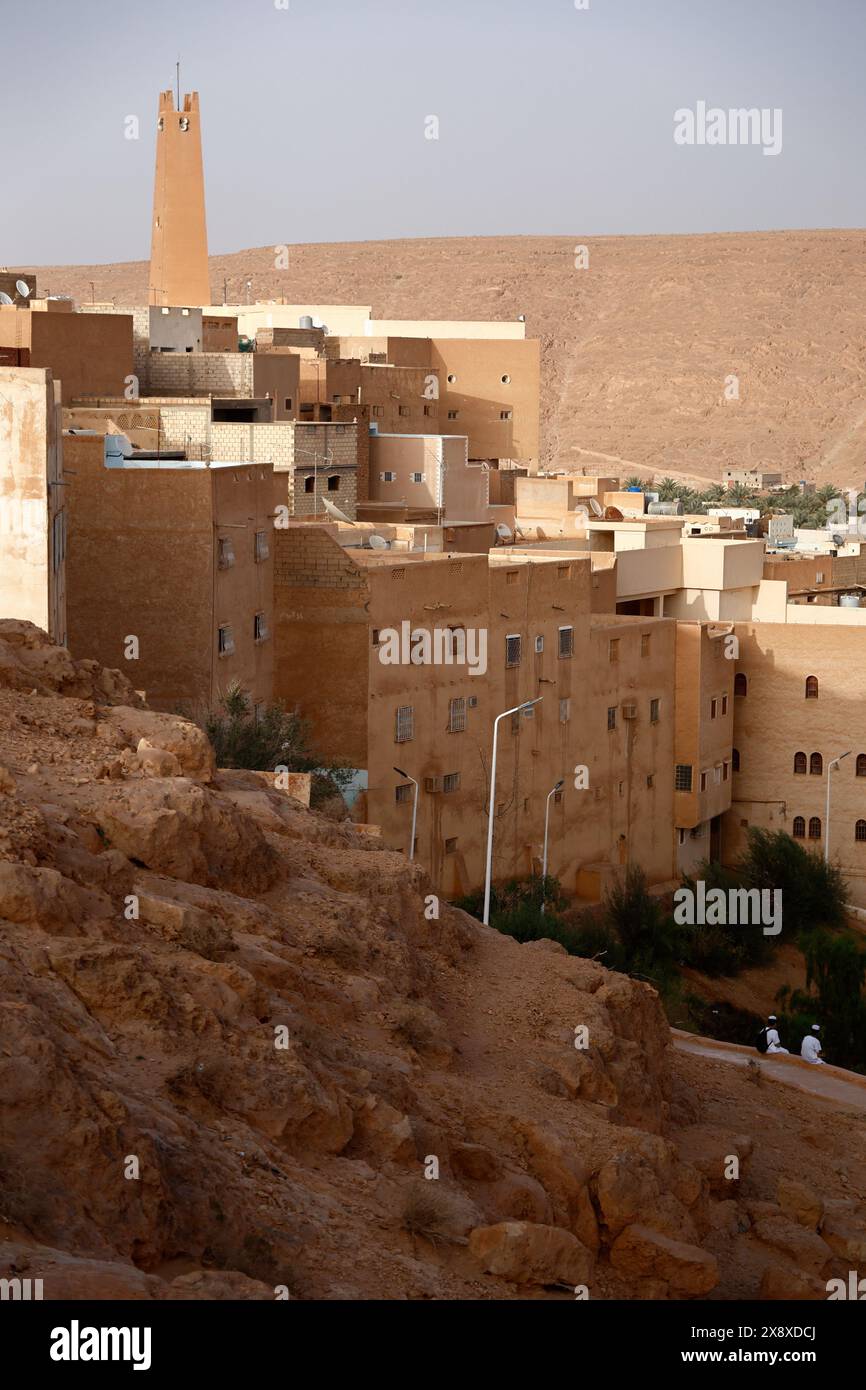 Historic Mozabite fortified settlement Ksar El Atteuf with the minaret ...