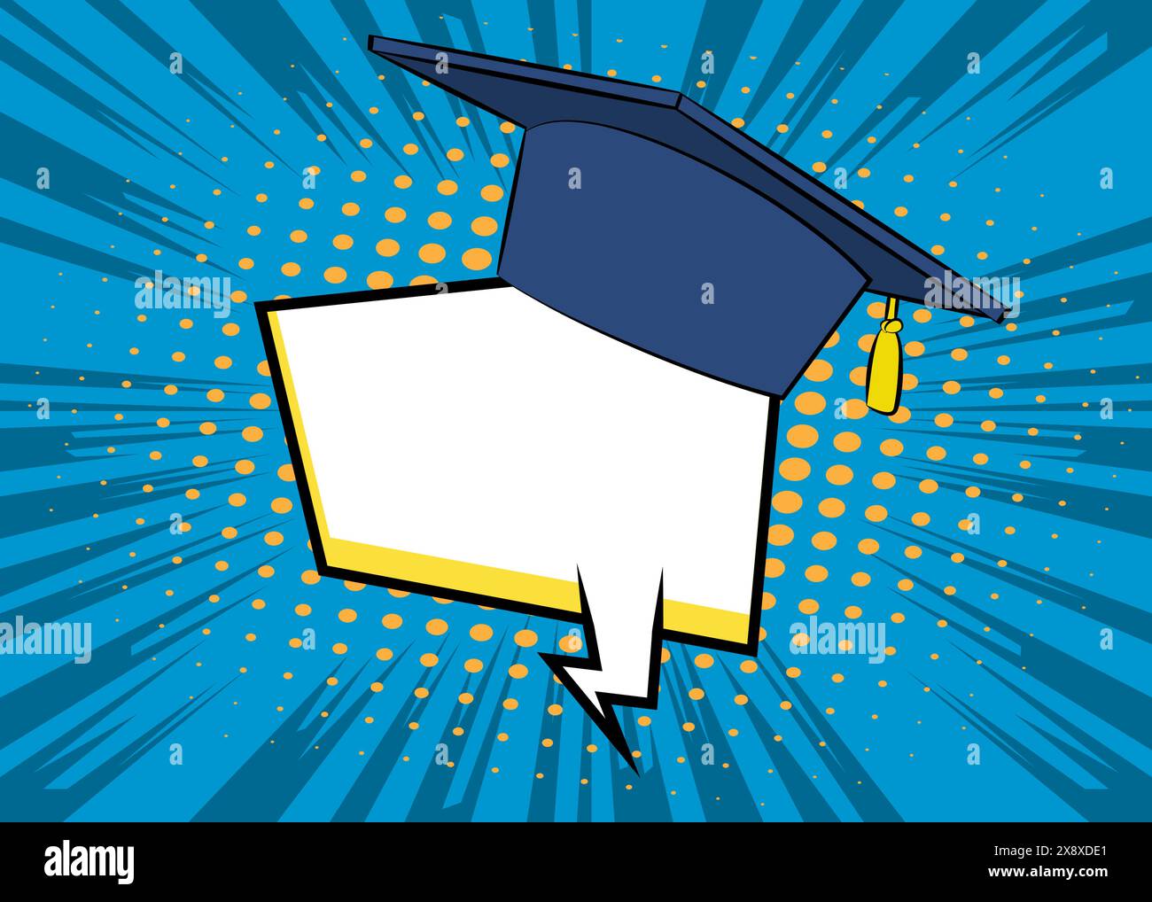 Cartoon Graduation Cap with blank speech bubble, comic book Education background. Retro vector ...