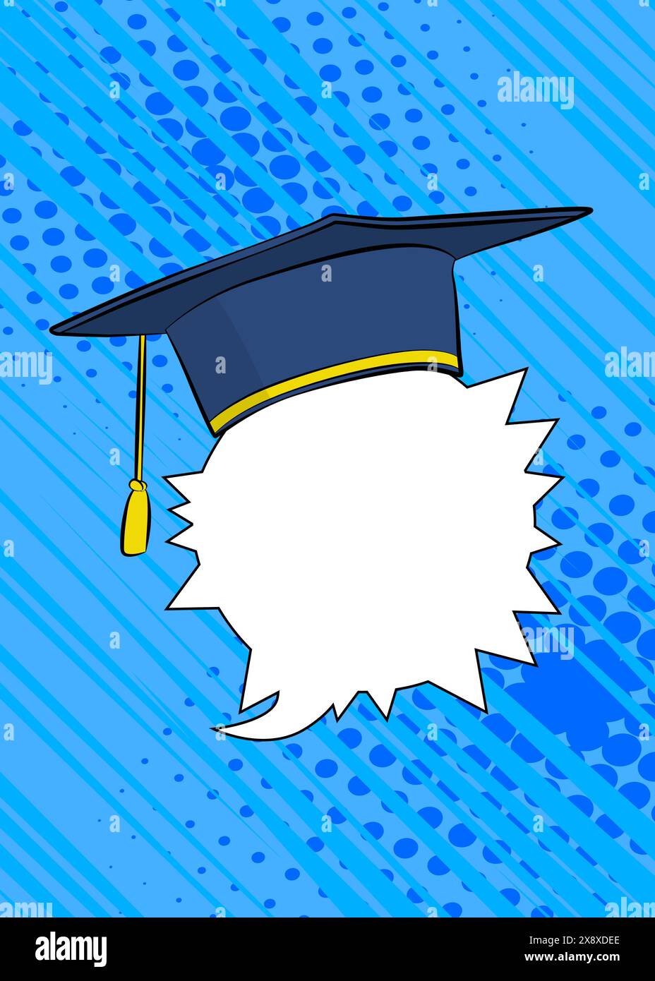 Cartoon Graduation Cap with blank speech bubble, comic book Education background. Retro vector ...
