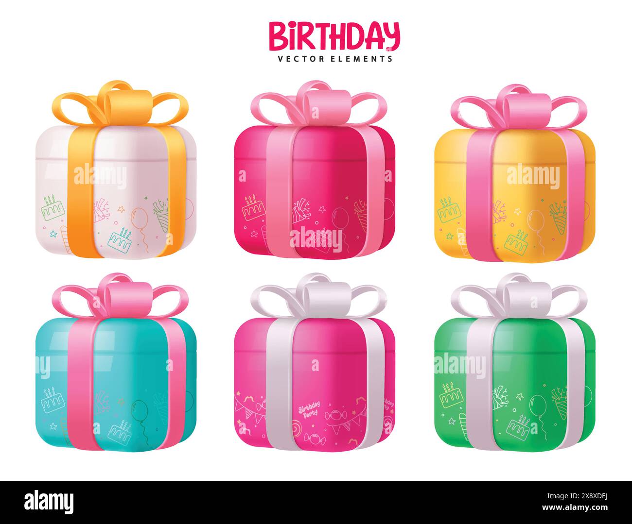 Birthday gifts box elements vector set design. Birthday 3d gift close ...